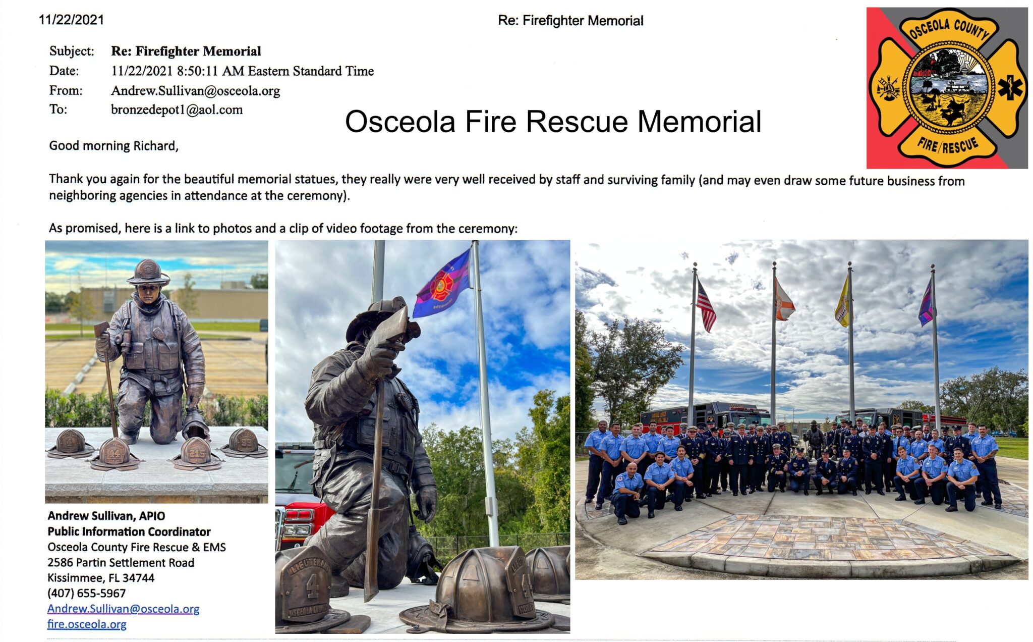 Bronze Osceola, FL. Fire Department Memorial Statue
